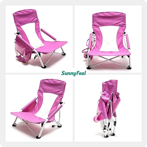 SUNNYFEEL Low Sling Beach Chair, Folding Low Mesh Reclining Back Low Seat Beach Chairs for Adults with Cup Holder,Carry Bag Padded Armrest for Sand Camping Lawn Concert Travel Festival (Pink)