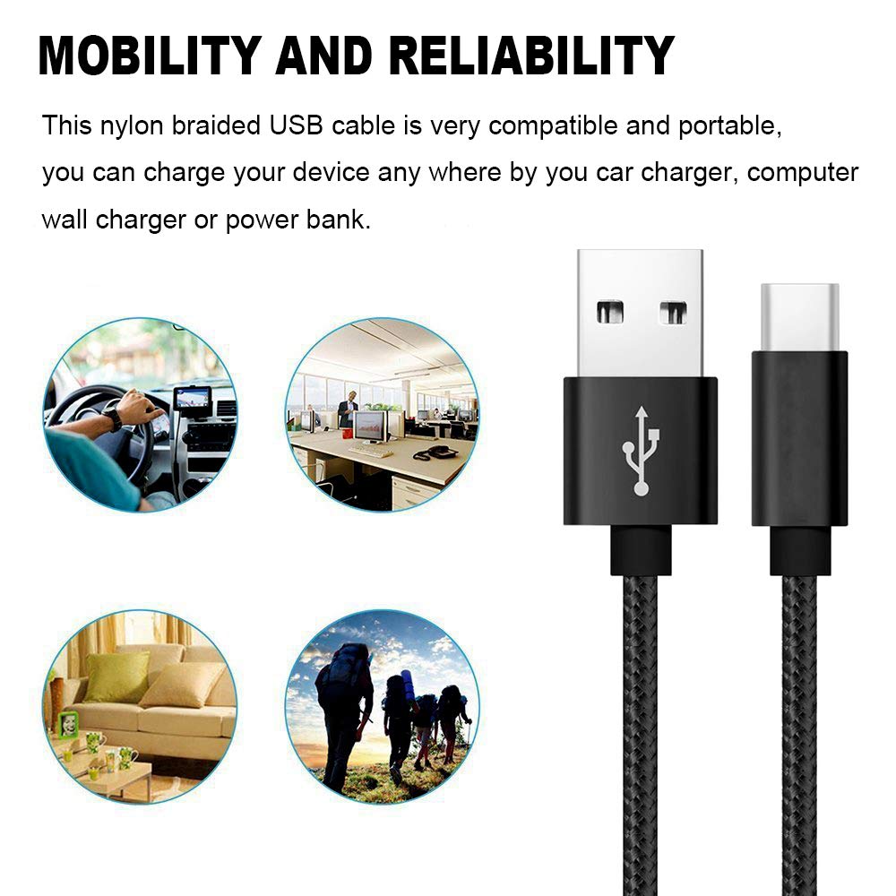 RoFI USB Type C Cable, [2Pack] 6FT USB C Cable Nylon Braided Fast Charging for Galaxy S10 S9 S8 Plus Note 9 8, Pixel, Moto Z, LG V30 V20 G5, Xperia, Switch and More (Black, 6 FT)