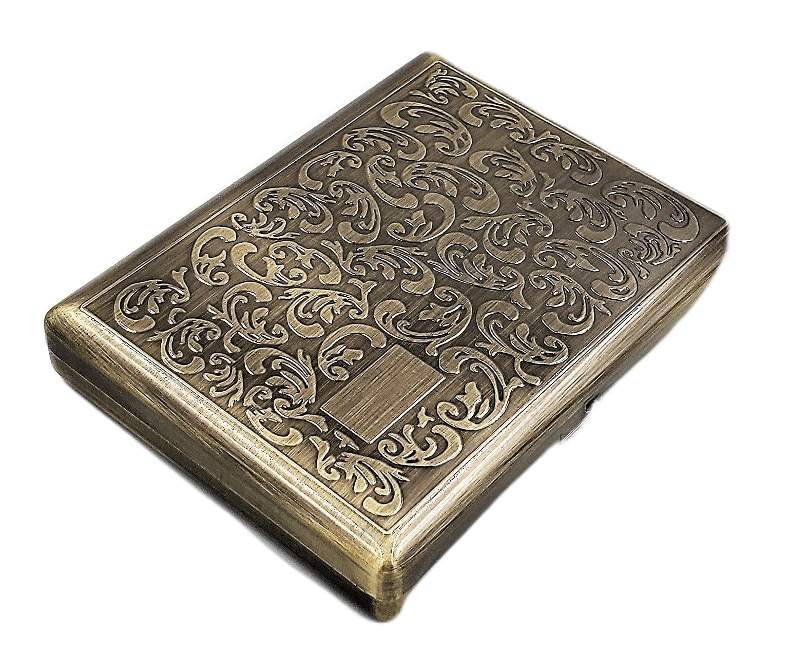Retro Cigarette Case Victorian Style Metal Holder for Regular, King and 100's Size Credit Card Holder Pocket Security Wallet, Large Antique Brass Boteh Design (Flo-L100AB, Antique Brass)