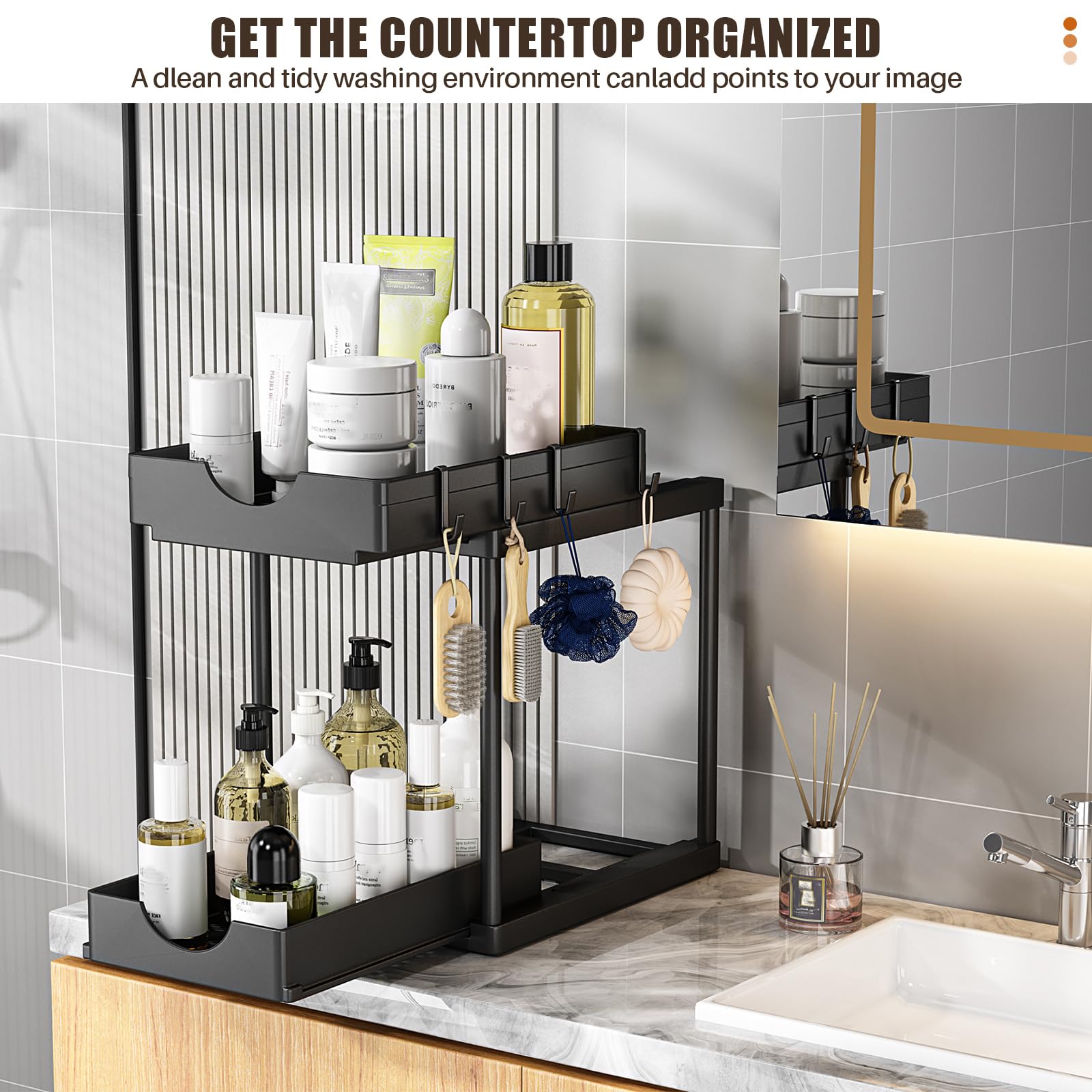 2 Pack Under Sink Organizer with Hooks & Hanging Cups, 2-tier Double Pull-out Drawer Kitchen Under Sink Storage for Canned Sauce, Salad etc, Bathroom Counter Organizer for Spice Makeup Cosmetics