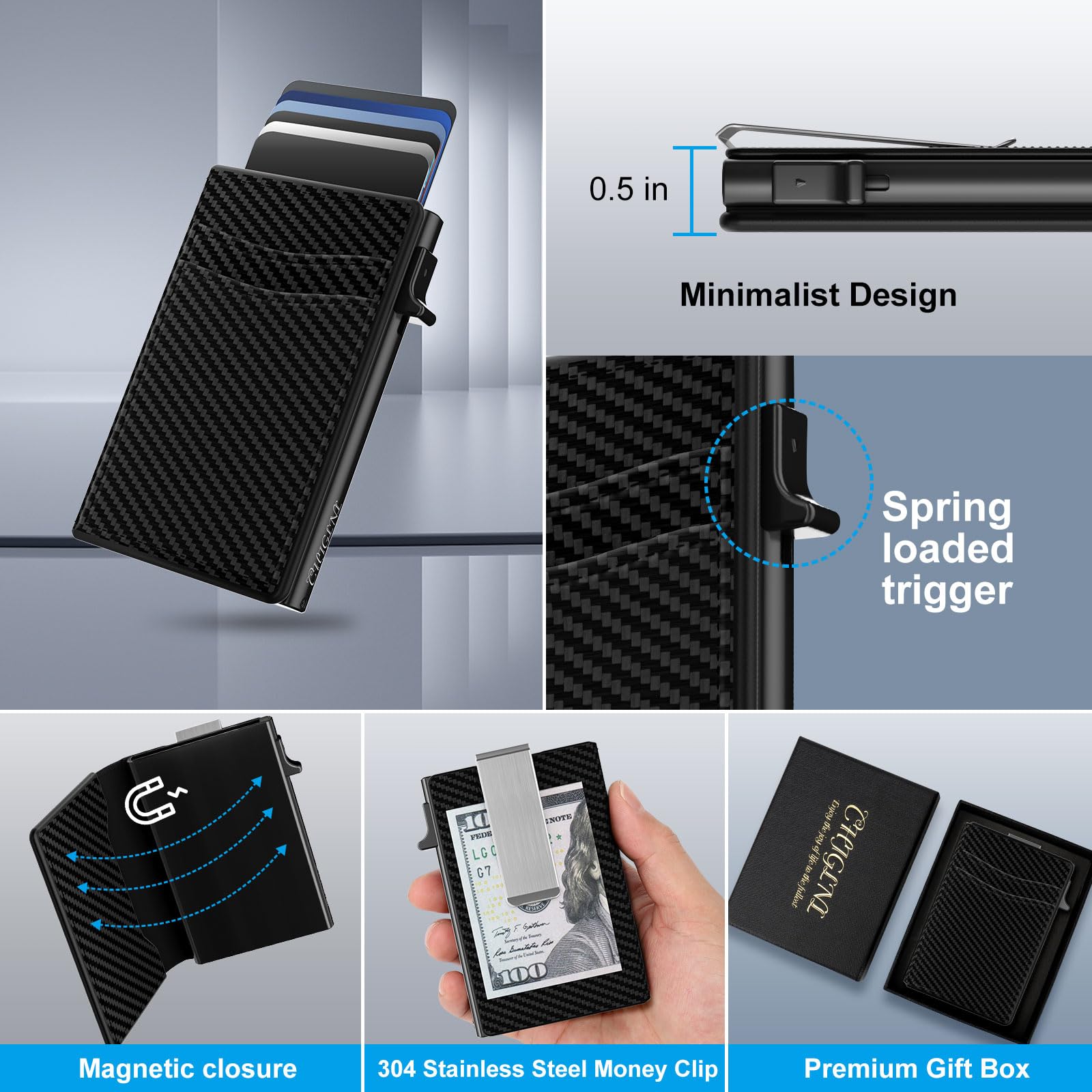 CHJGLNL Slim Wallet for Men - with Money Clip, Minimalist Wallet with Gift Box, Aluminum Pop Up Credit Card Holder, RFID Blocking | Premium Carbon Fiber Leather | 12 Card Capacity