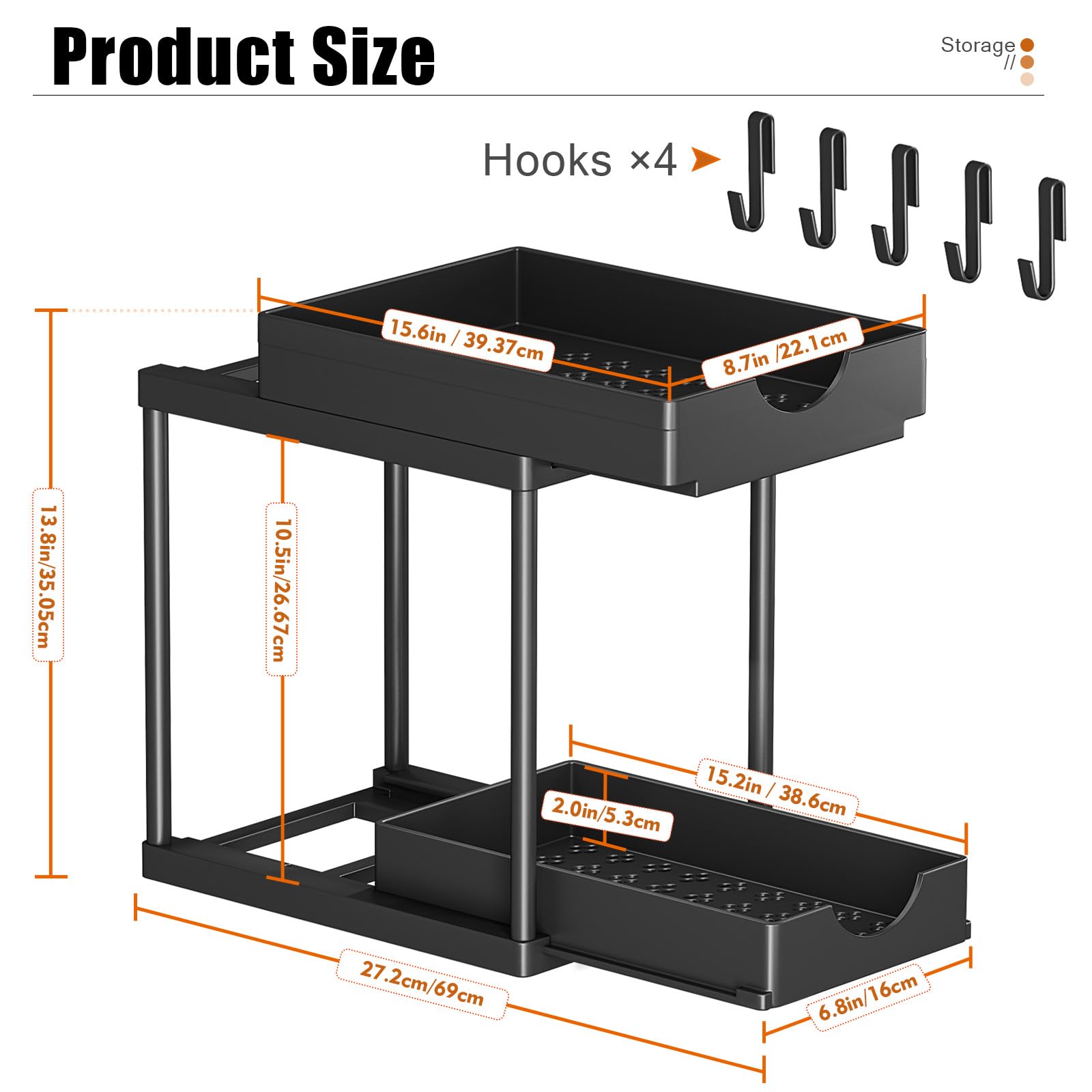 2 Pack Under Sink Organizer with Hooks & Hanging Cups, 2-tier Double Pull-out Drawer Kitchen Under Sink Storage for Canned Sauce, Salad etc, Bathroom Counter Organizer for Spice Makeup Cosmetics