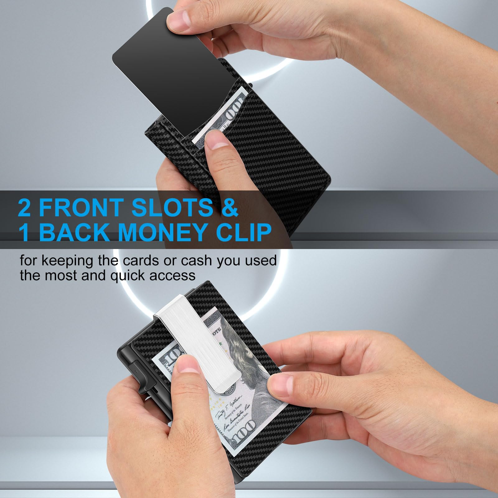 CHJGLNL Slim Wallet for Men - with Money Clip, Minimalist Wallet with Gift Box, Aluminum Pop Up Credit Card Holder, RFID Blocking | Premium Carbon Fiber Leather | 12 Card Capacity