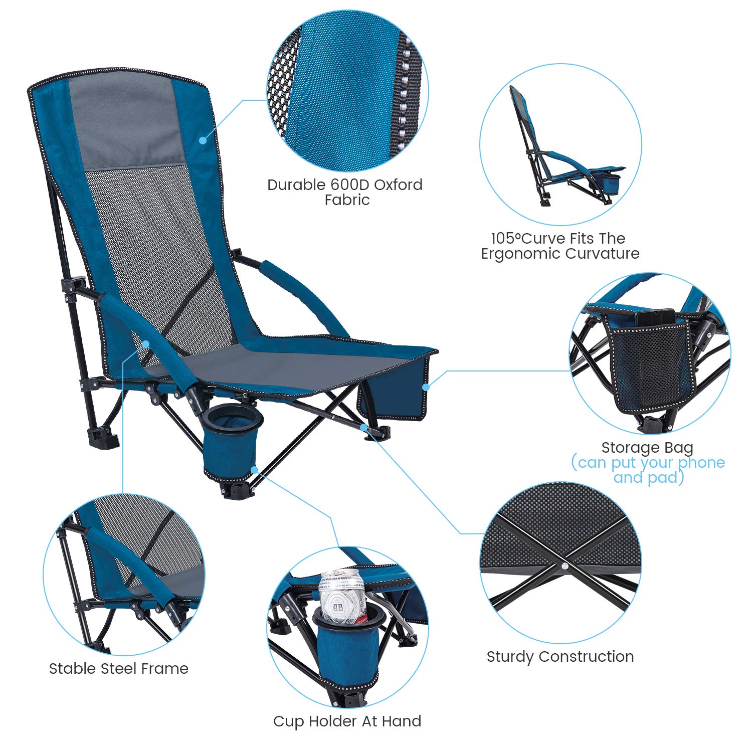XGEAR High Back Low Seat Folding Beach Chair with Cup Holder and Carry Bag, Mesh Back Sand Chair for Beach, Lawn, Camping, Travel, Support Up to 300 lbs (1chair Blue)