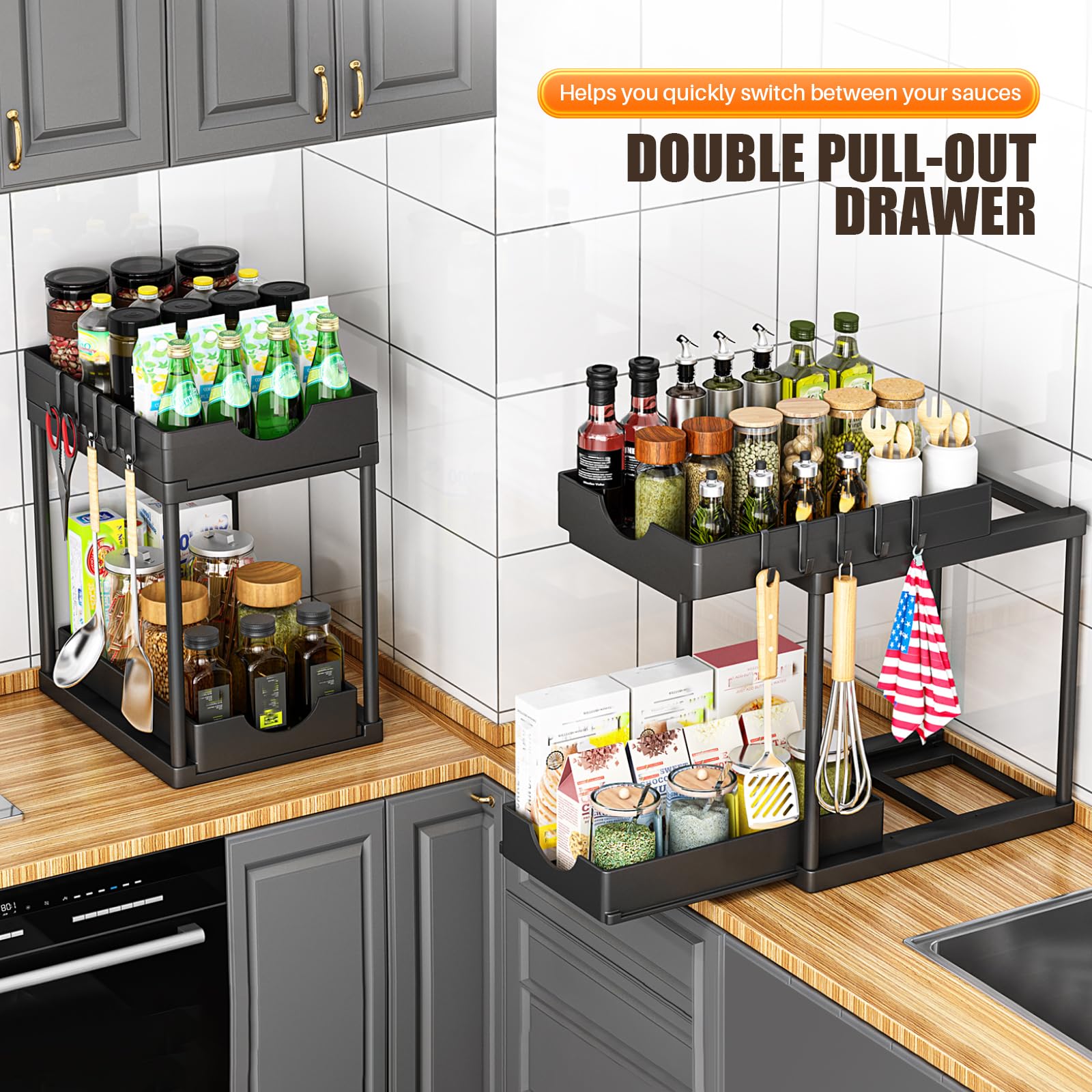 2 Pack Under Sink Organizer with Hooks & Hanging Cups, 2-tier Double Pull-out Drawer Kitchen Under Sink Storage for Canned Sauce, Salad etc, Bathroom Counter Organizer for Spice Makeup Cosmetics
