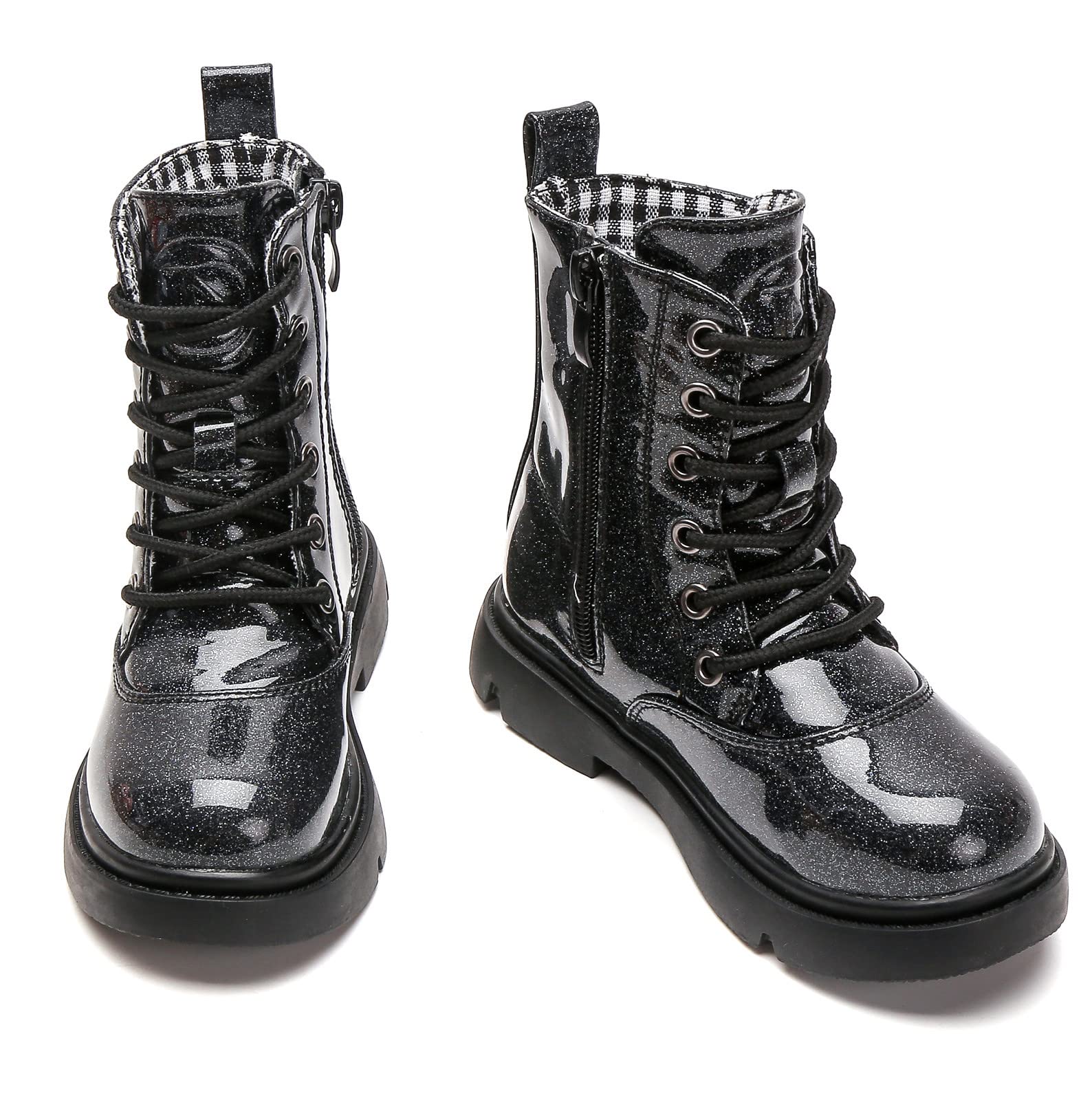 DADAWEN Boys Girls Waterproof Lace Up Glitter Mid Calf Combat Boots With Side Zipper for Toddler/Little Kid/Big Kid Black Glitter US Size 2 M Little Kid