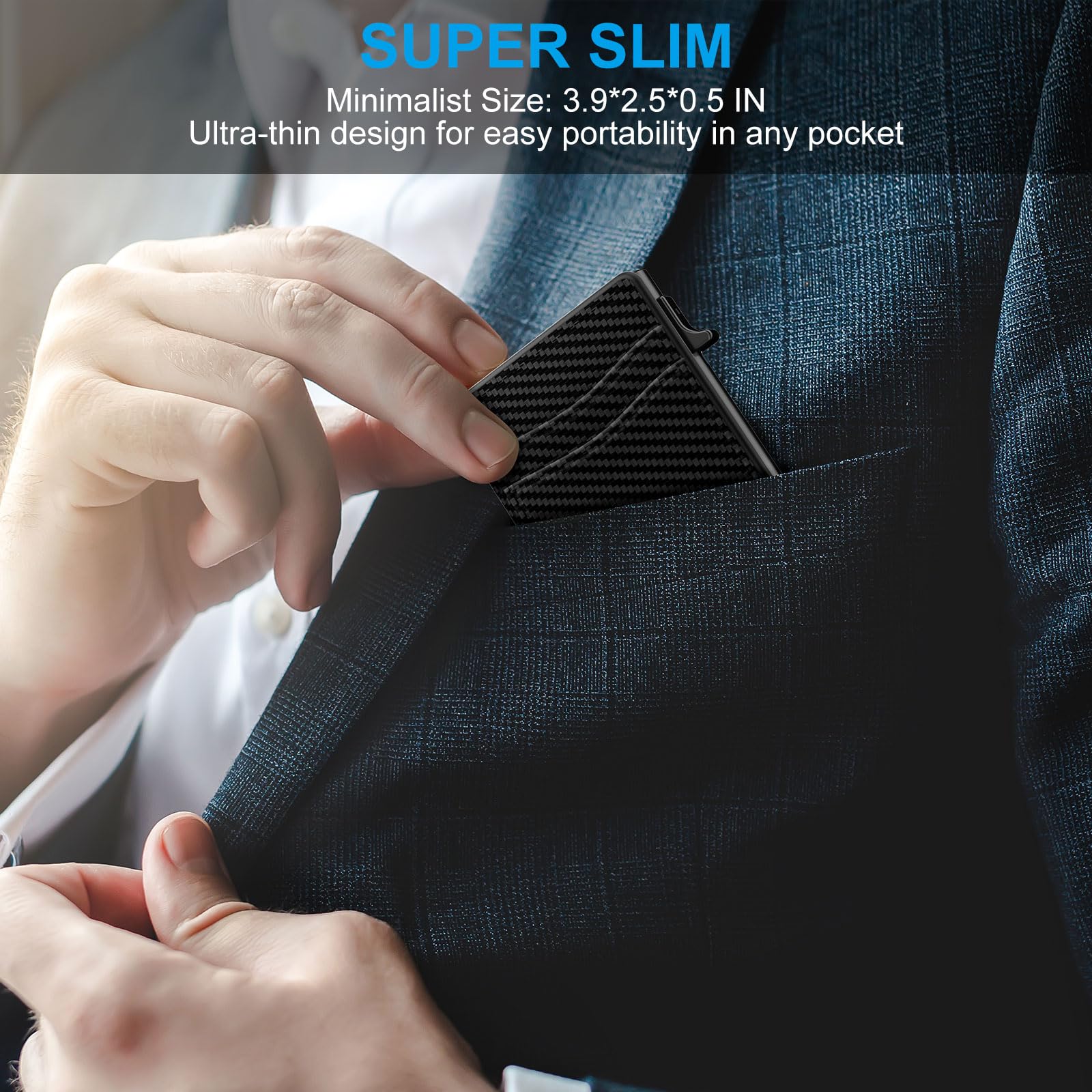 CHJGLNL Slim Wallet for Men - with Money Clip, Minimalist Wallet with Gift Box, Aluminum Pop Up Credit Card Holder, RFID Blocking | Premium Carbon Fiber Leather | 12 Card Capacity