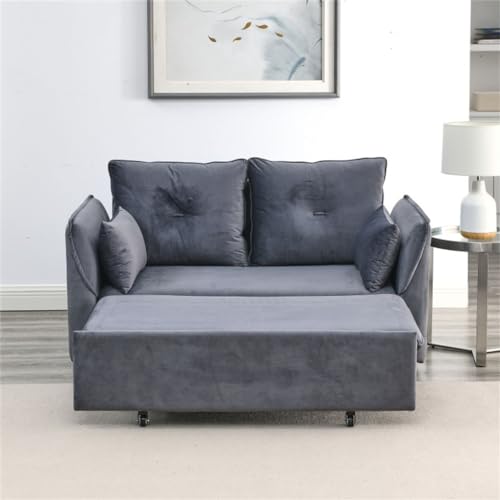 ADUH 57" Convertible Sofa Bed with 2 Detachable Arm Pockets, Velvet Loveseat Multi-Position Adjustable Sofa with Pull Out Bed
