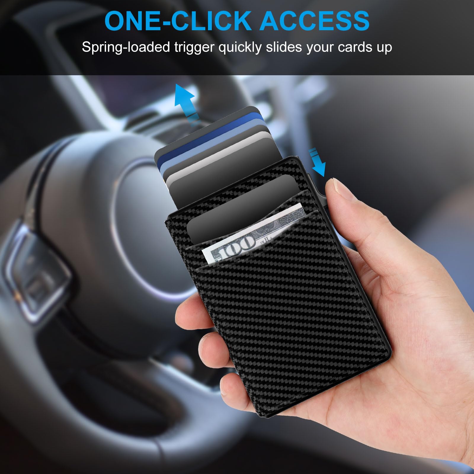 CHJGLNL Slim Wallet for Men - with Money Clip, Minimalist Wallet with Gift Box, Aluminum Pop Up Credit Card Holder, RFID Blocking | Premium Carbon Fiber Leather | 12 Card Capacity