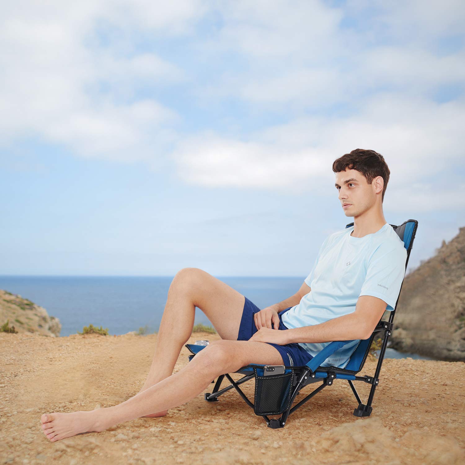 XGEAR High Back Low Seat Folding Beach Chair with Cup Holder and Carry Bag, Mesh Back Sand Chair for Beach, Lawn, Camping, Travel, Support Up to 300 lbs (1chair Blue)