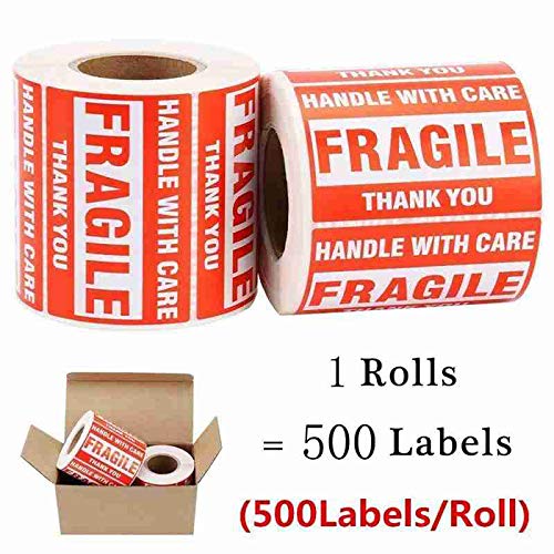 Immuson Warning Fragile Tape, 3" X 2" Fragile Handle with Care Warning Stickers for Shipping and Packing,500 Labels Per Roll (1 Roll)