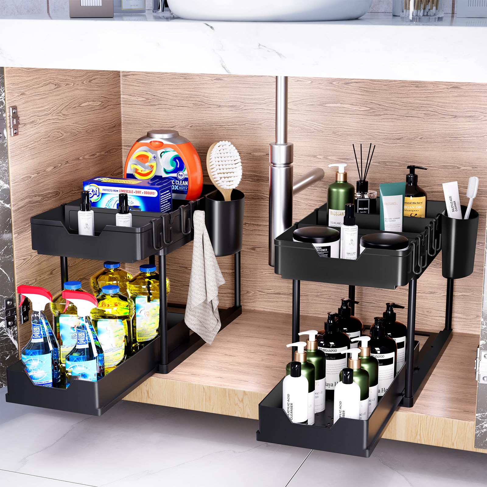 Puricon 2 Pack Under Sink Organizers and Storage 2-Tier Double Sliding Pull-out Drawer, Under the Sink Organizer Kitchen Multi-purpose Under Bathroom Sink Shelf Storage Rack for Cabinet -Black