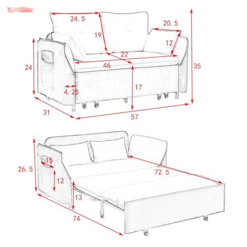 ADUH 57" Convertible Sofa Bed with 2 Detachable Arm Pockets, Velvet Loveseat Multi-Position Adjustable Sofa with Pull Out Bed
