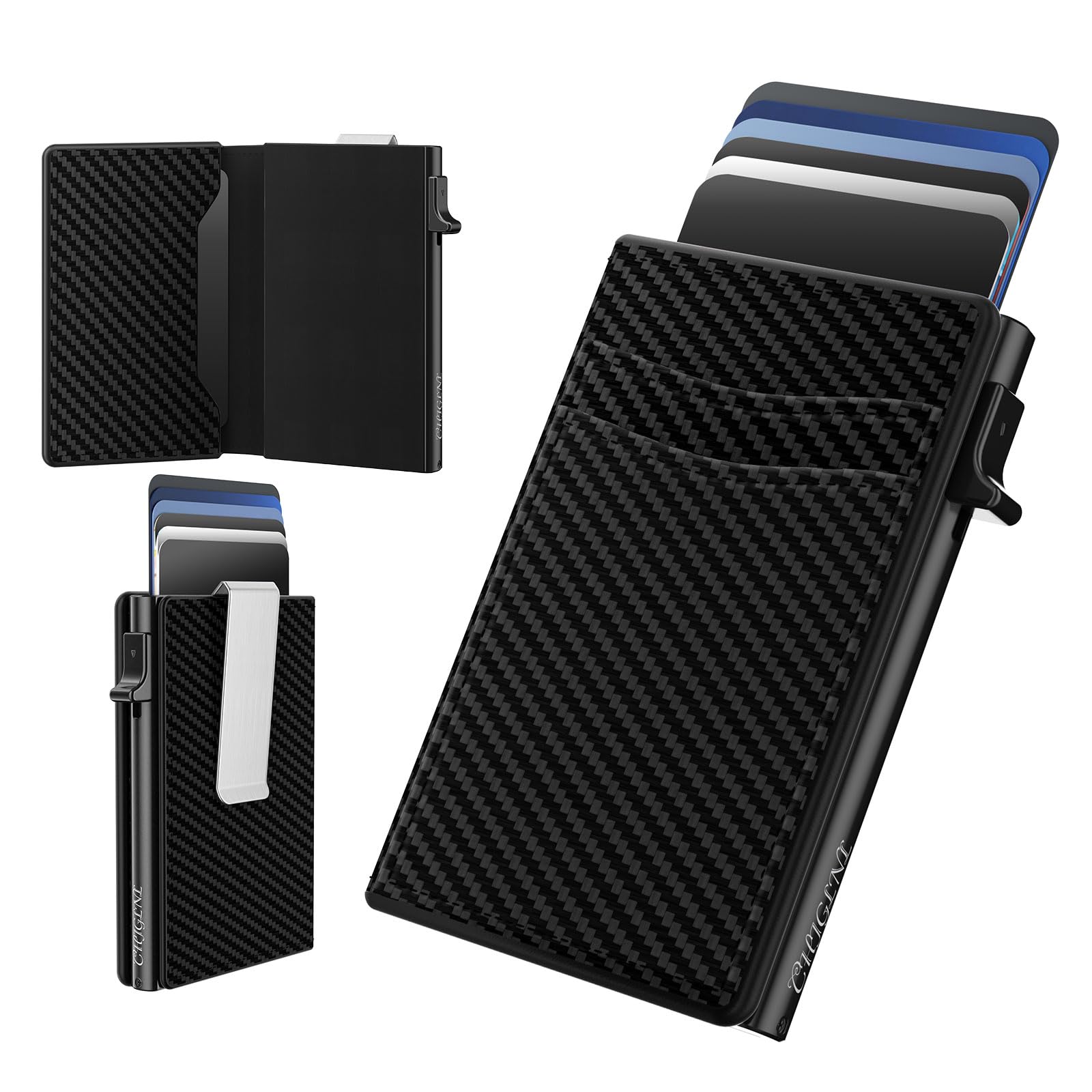 CHJGLNL Slim Wallet for Men - with Money Clip, Minimalist Wallet with Gift Box, Aluminum Pop Up Credit Card Holder, RFID Blocking | Premium Carbon Fiber Leather | 12 Card Capacity