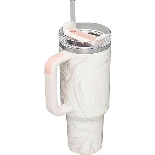 40 OZ Tumbler with Handle and Straw, Insulated Tumbler for Office or Car - Reusable Iced Coffee Cup,Double Vacuum Stainless Steel Travel Coffee Mug,Keep Hot/Cold for Hours (Rose Quartz Swirl)