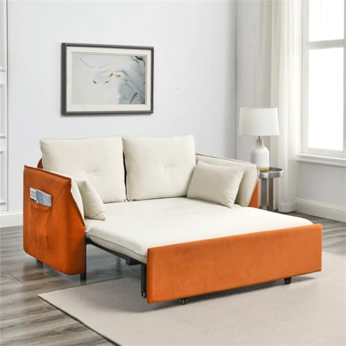 ADUH 57" Convertible Sofa Bed with 2 Detachable Arm Pockets, Velvet Loveseat Multi-Position Adjustable Sofa