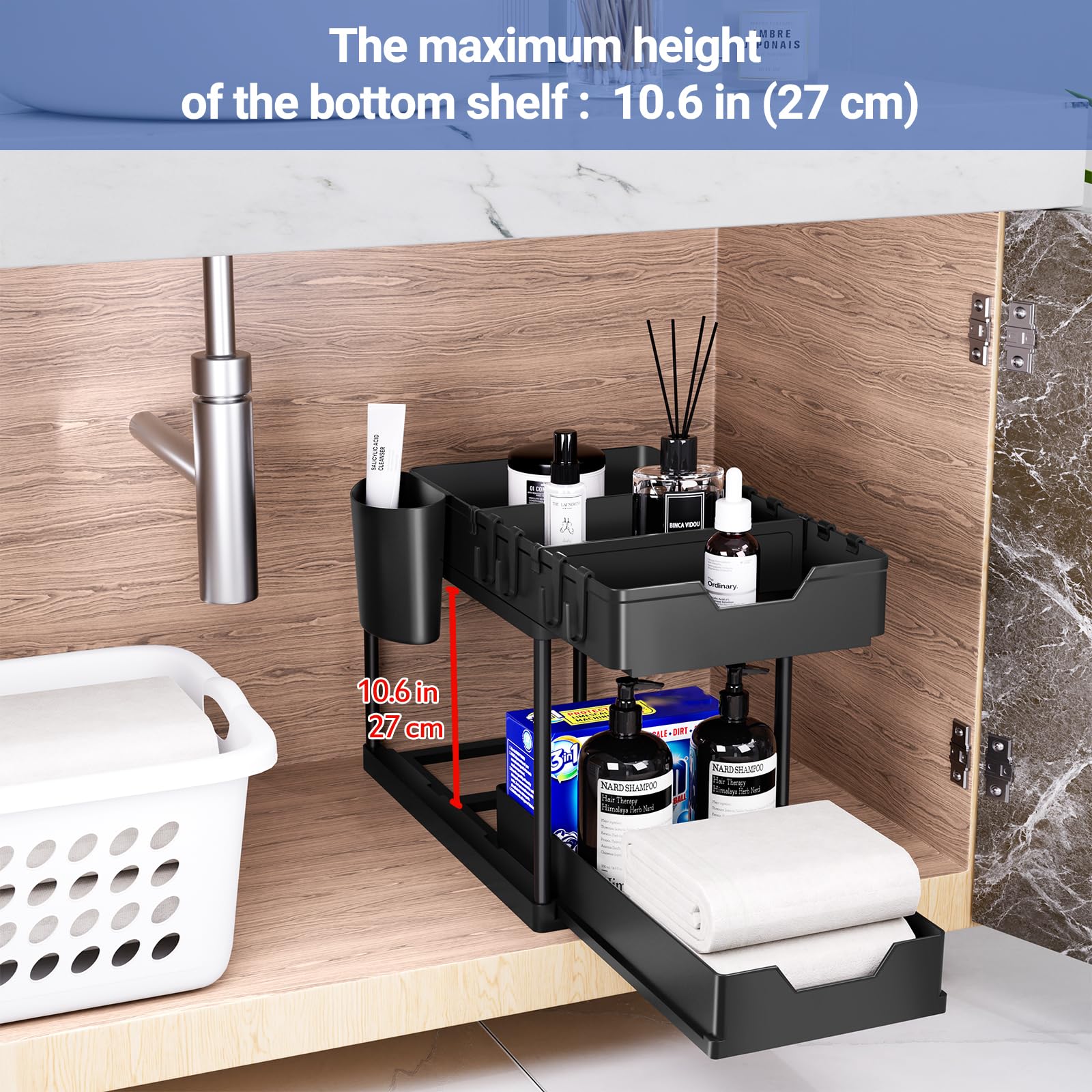 Puricon 2 Pack Under Sink Organizers and Storage 2-Tier Double Sliding Pull-out Drawer, Under the Sink Organizer Kitchen Multi-purpose Under Bathroom Sink Shelf Storage Rack for Cabinet -Black