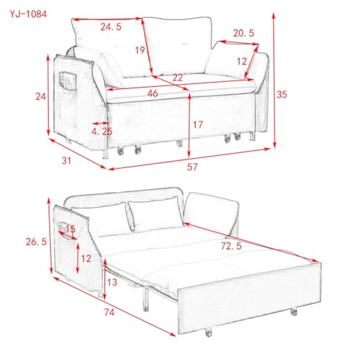 ADUH 57" Convertible Sofa Bed with 2 Detachable Arm Pockets, Velvet Loveseat Multi-Position Adjustable Sofa