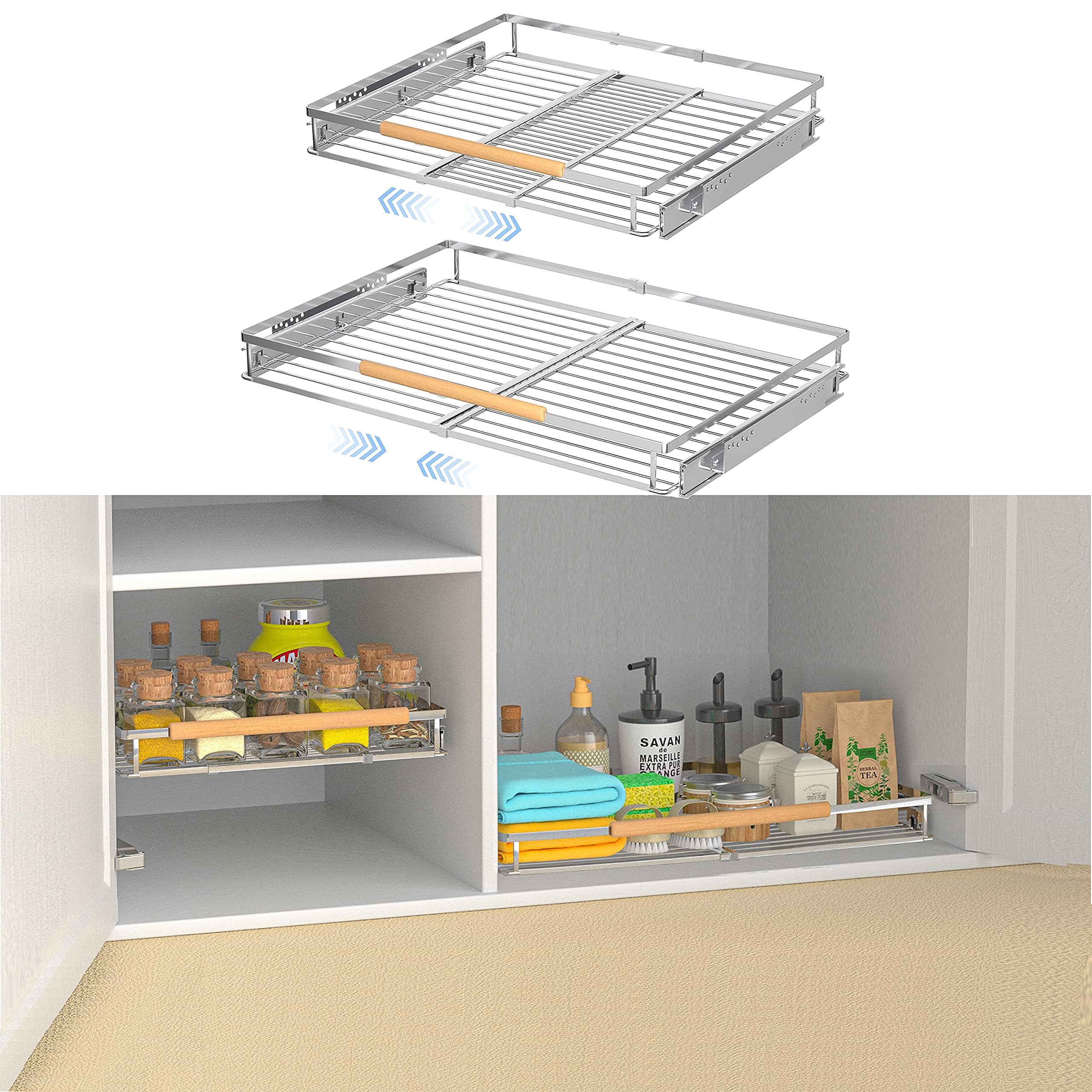 2 Pack Expandable Pull Out Cabinet Drawer Organizer, 16.3~26.3"W x 17"D Heavy Duty Cabinet Organizers and Storage,Expandable Width Cabinet Pull Out Shelves for Kitchen Cabinets, Chrome Finish (2 Pack)