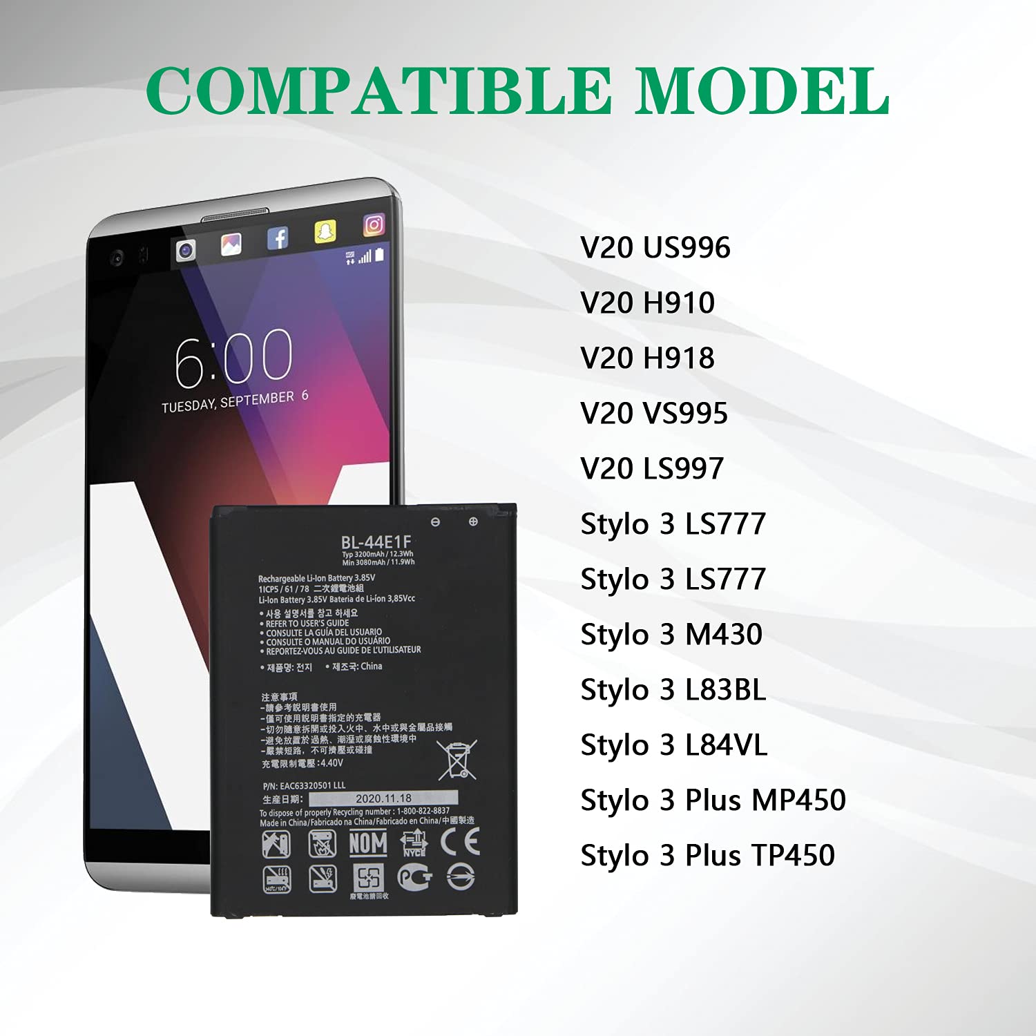 ASDAWN BL-44E1F Battery for LG V20, LG Stylo 3, LG V20 Extended, V995 VS995 H910 H918 US996 LS997 Replacement