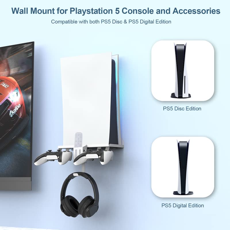 SWTOTK PS5 Wall Mount Kit with Charging Cable, 6-in-1 Playstation 5 (Disc & Digital) Metal Wall Stand with 2 Detachable Controller Hanging Bracket/Remote Box/Headset Hanger, w/Non-Slip Mat White