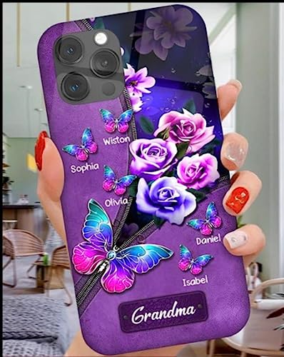 Rose & Butterfly Grandma Mom Personalized Gift Mother's Day Birthday Gift Leather Background Phone case