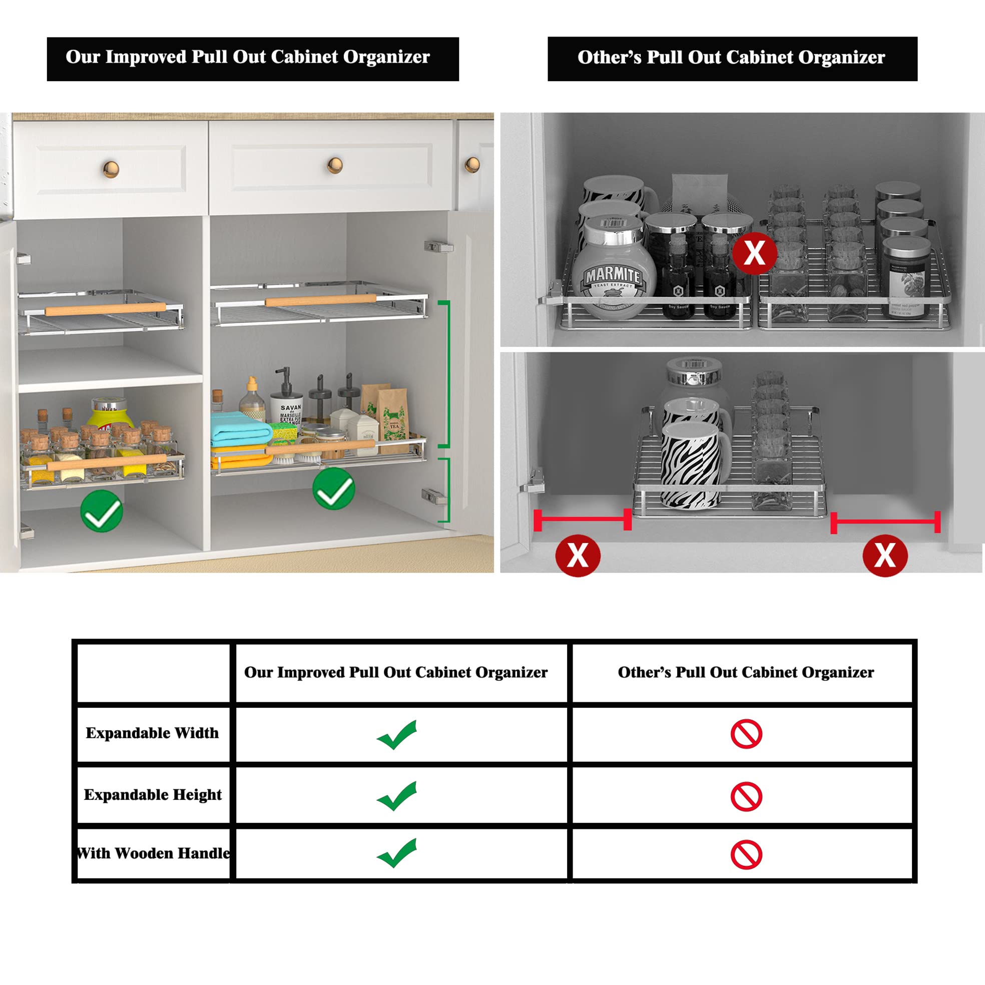 2 Pack Expandable Pull Out Cabinet Drawer Organizer, 16.3~26.3"W x 17"D Heavy Duty Cabinet Organizers and Storage,Expandable Width Cabinet Pull Out Shelves for Kitchen Cabinets, Chrome Finish (2 Pack)