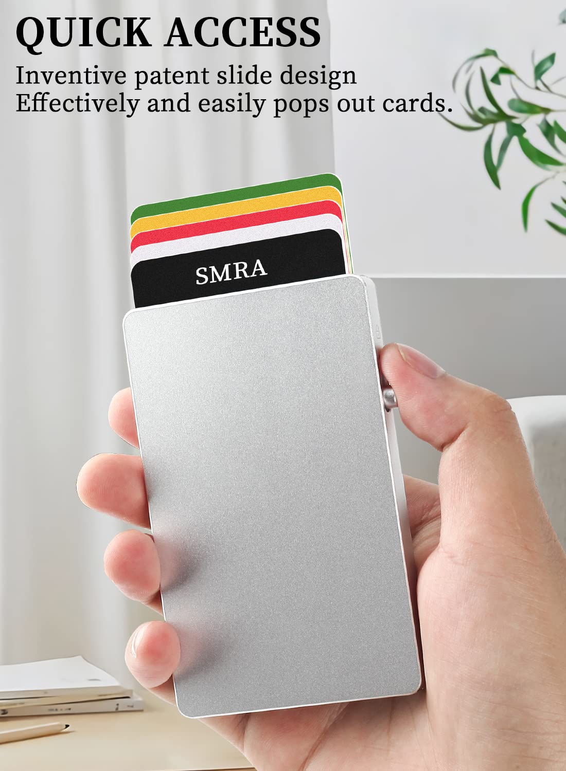 SMRA Slim Card Holder Wallet, Metal Pop Up Credit Card Wallet for men and women, Aluminium RFID Blocking for Quick Bank Card Access, Front Pocket Card Holds 5 Cards - Silver