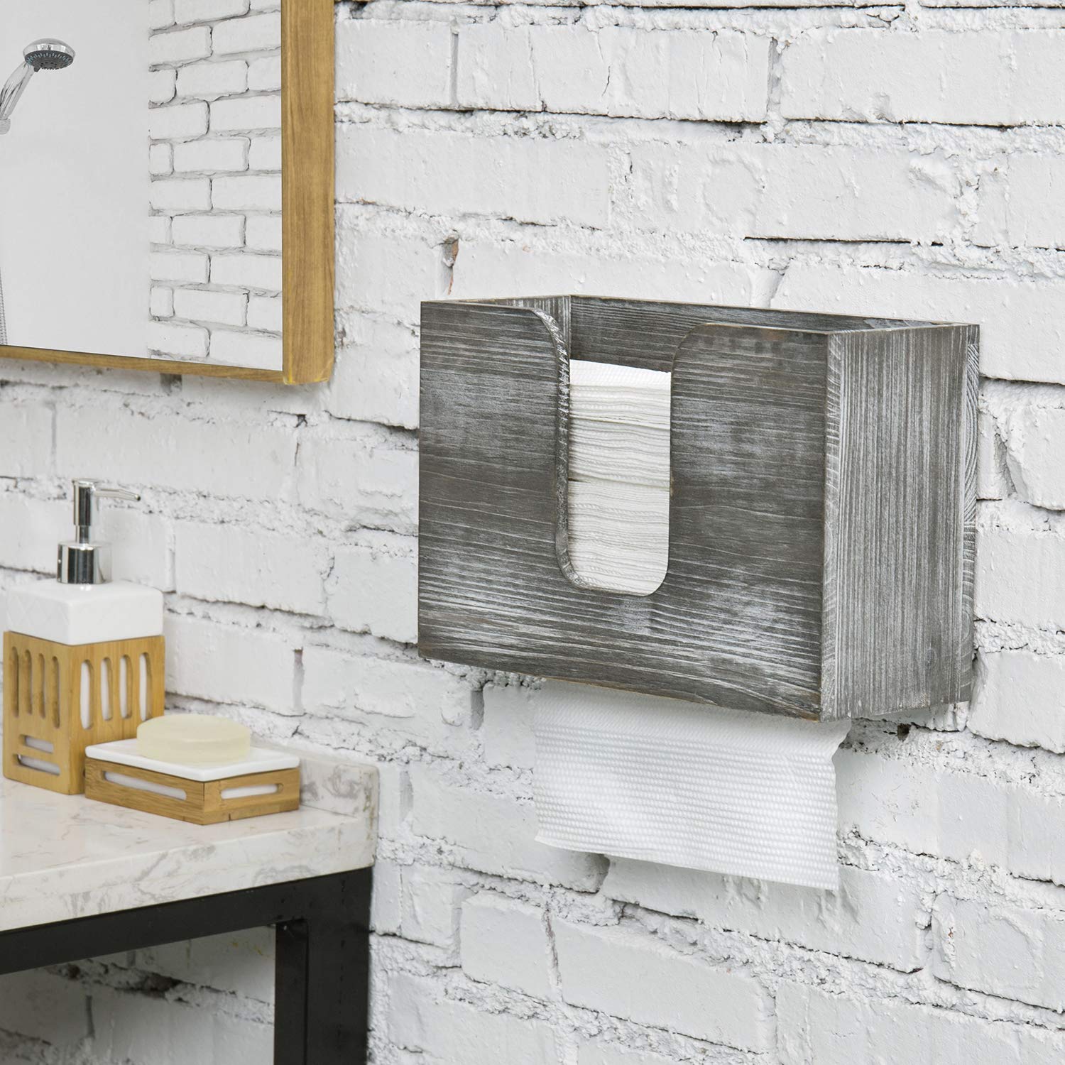 MyGift Rustic Graywashed Solid Wood Bathroom Paper Towel Holder Wall Mount Refillable Hand Towel Dispenser