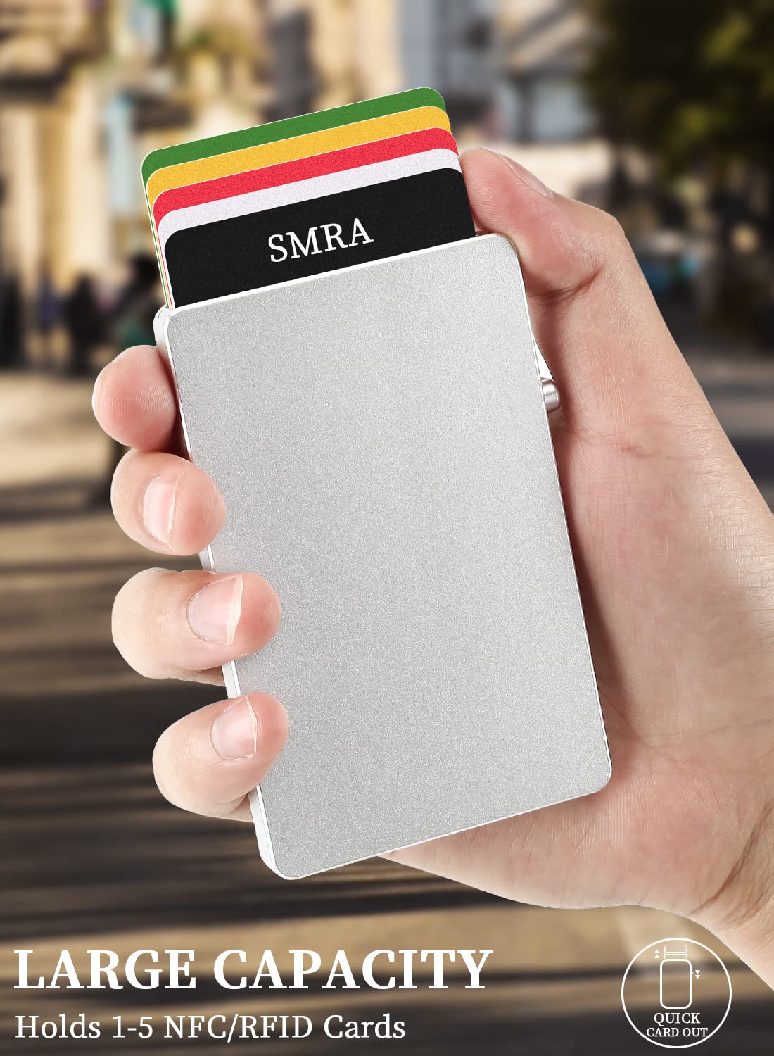SMRA Slim Card Holder Wallet, Metal Pop Up Credit Card Wallet for men and women, Aluminium RFID Blocking for Quick Bank Card Access, Front Pocket Card Holds 5 Cards - Silver