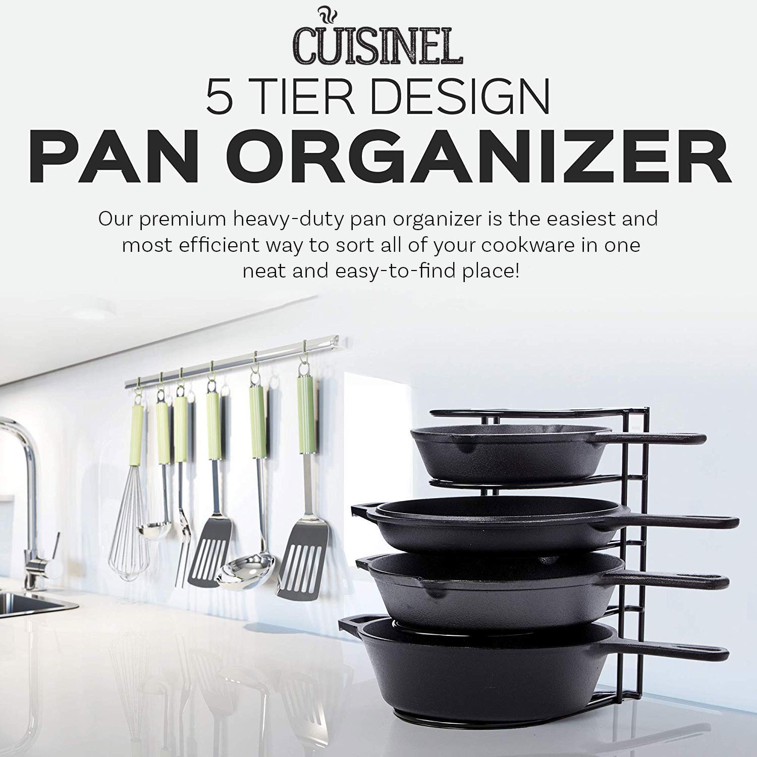 Pan Organizer for Cast Iron Skillets, Griddles and Pots - Heavy Duty Pan Rack - Holds Up to 50 LBS- Horizontal or Vertical Use - Durable Steel Construction - Red 12.2 Inch - No Assembly Required