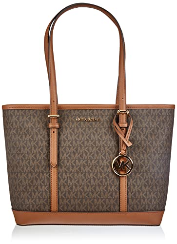 Michael Kors Jet Set Small Zip Top Shoulder Tote Handbag Brown Signature