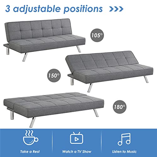 ZYJBM Convertible Futon Grey Linen Fabric Sofa Bed Adjustable Sleeper with Stainless Steel Legs