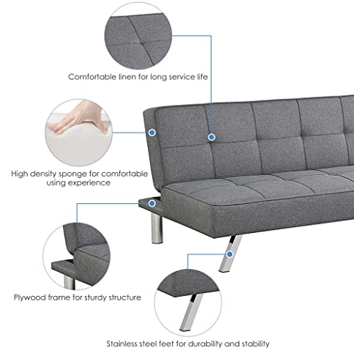 ZYJBM Convertible Futon Grey Linen Fabric Sofa Bed Adjustable Sleeper with Stainless Steel Legs