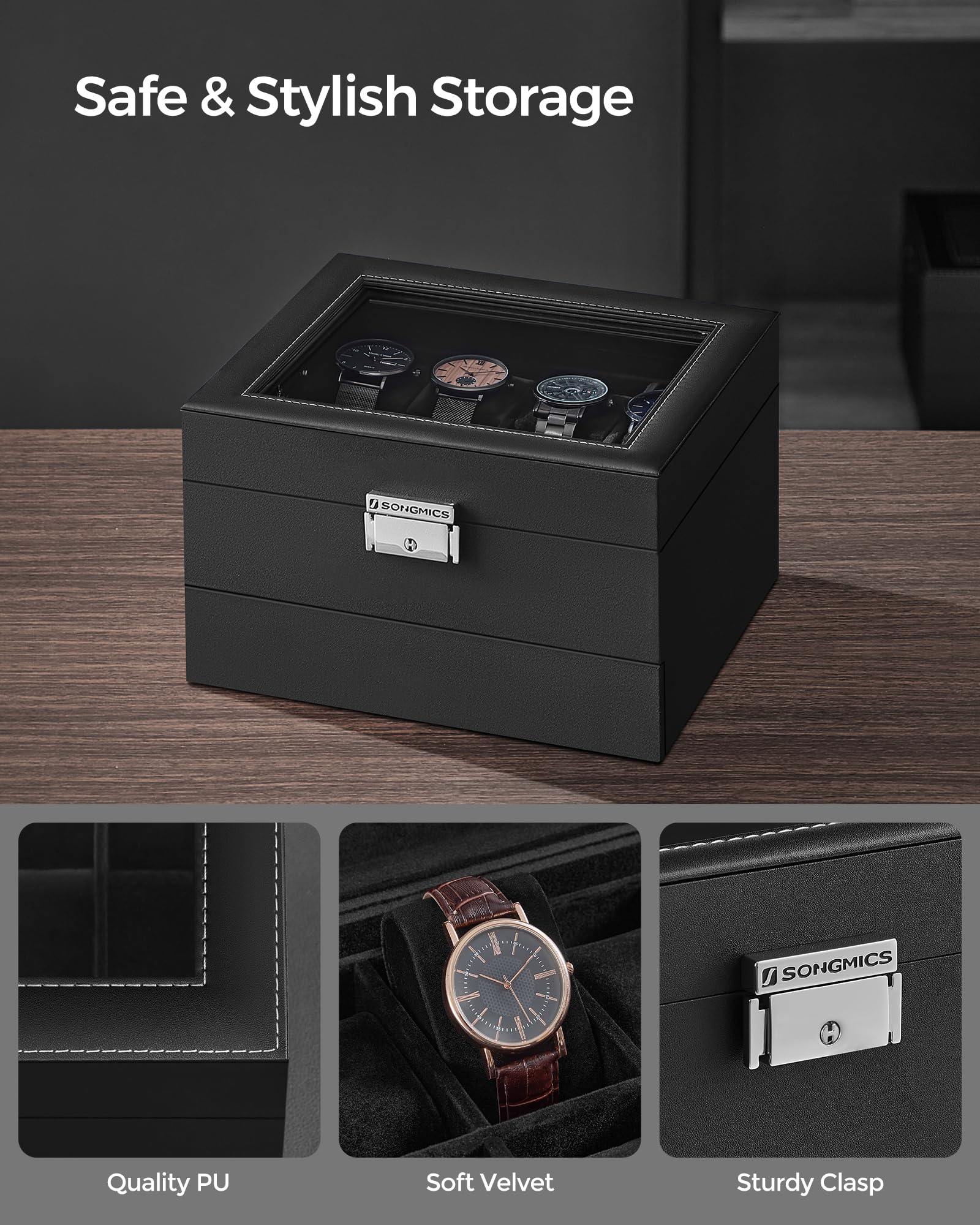 SONGMICS 8-Slot Watch Box, Lockable Watch Case with Glass Lid, 2 Layers, with 1 Drawer for Rings, Bracelets, Gift Idea, Black Synthetic Leather, Black Lining UJWB080B01