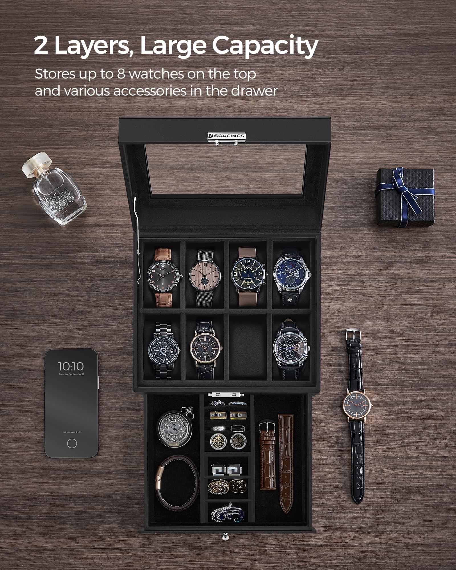 SONGMICS 8-Slot Watch Box, Lockable Watch Case with Glass Lid, 2 Layers, with 1 Drawer for Rings, Bracelets, Gift Idea, Black Synthetic Leather, Black Lining UJWB080B01