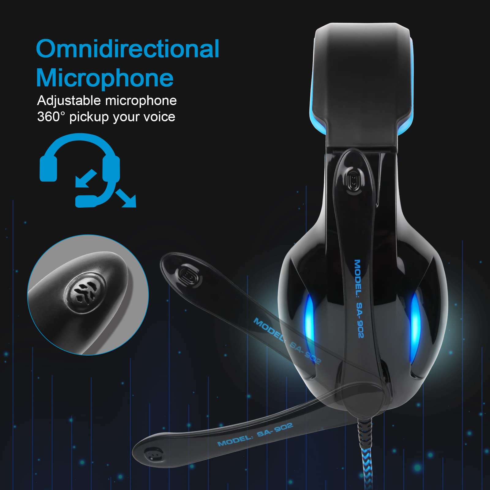 SADES SA902 Stereo Gaming Headset 7.1 USB Surround Sound PC Headsets Over-Ear Gaming Headphones with Microphone LED Light Black Blue