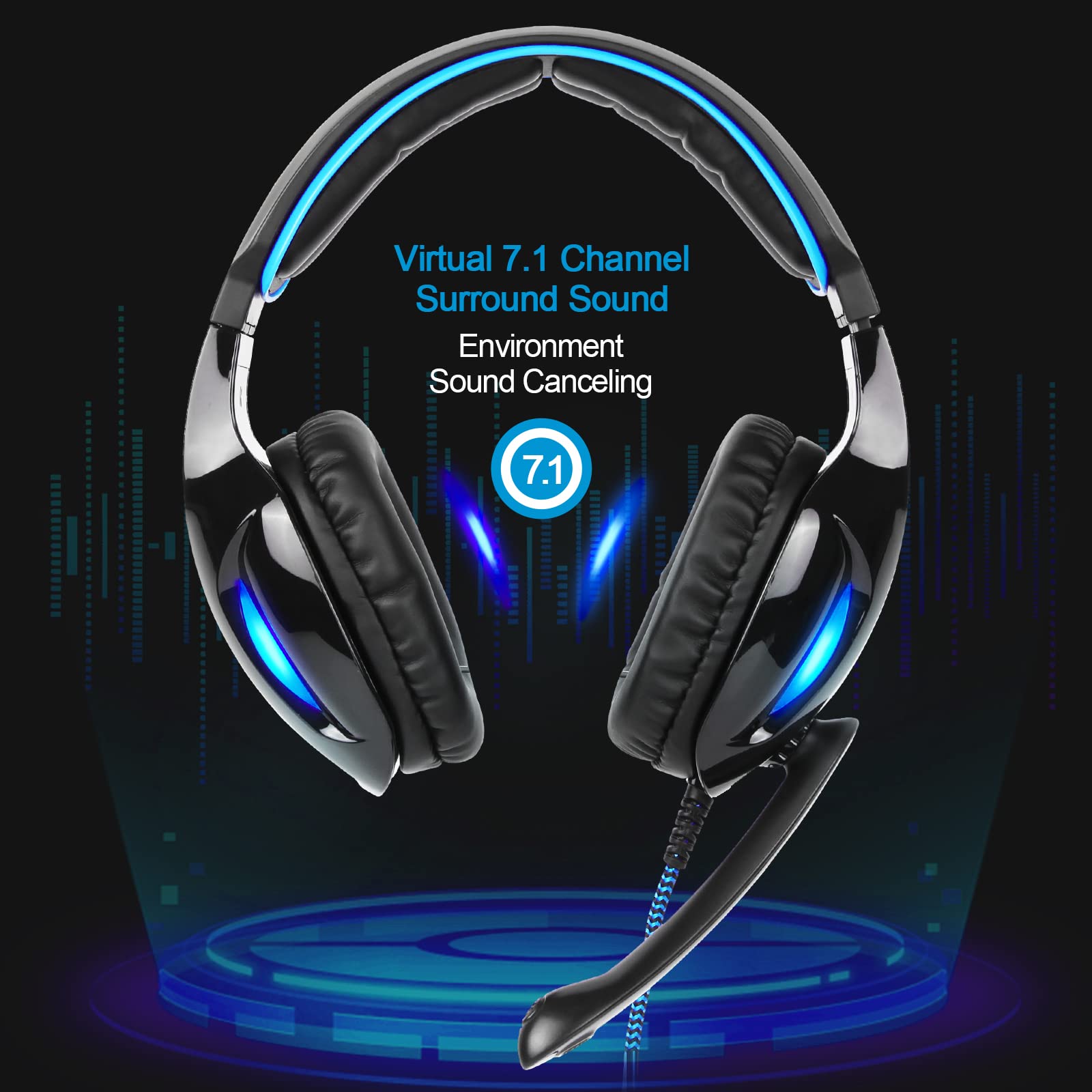 SADES SA902 Stereo Gaming Headset 7.1 USB Surround Sound PC Headsets Over-Ear Gaming Headphones with Microphone LED Light Black Blue