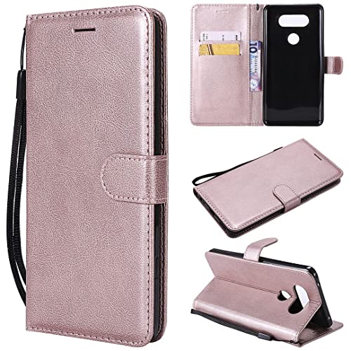 SATURCASE Case for LG V20, Classical PU Leather Flip Magnet Wallet Stand Card Slots Protective Cover with Hand Strap for LG V20 (XD-Rose Gold)