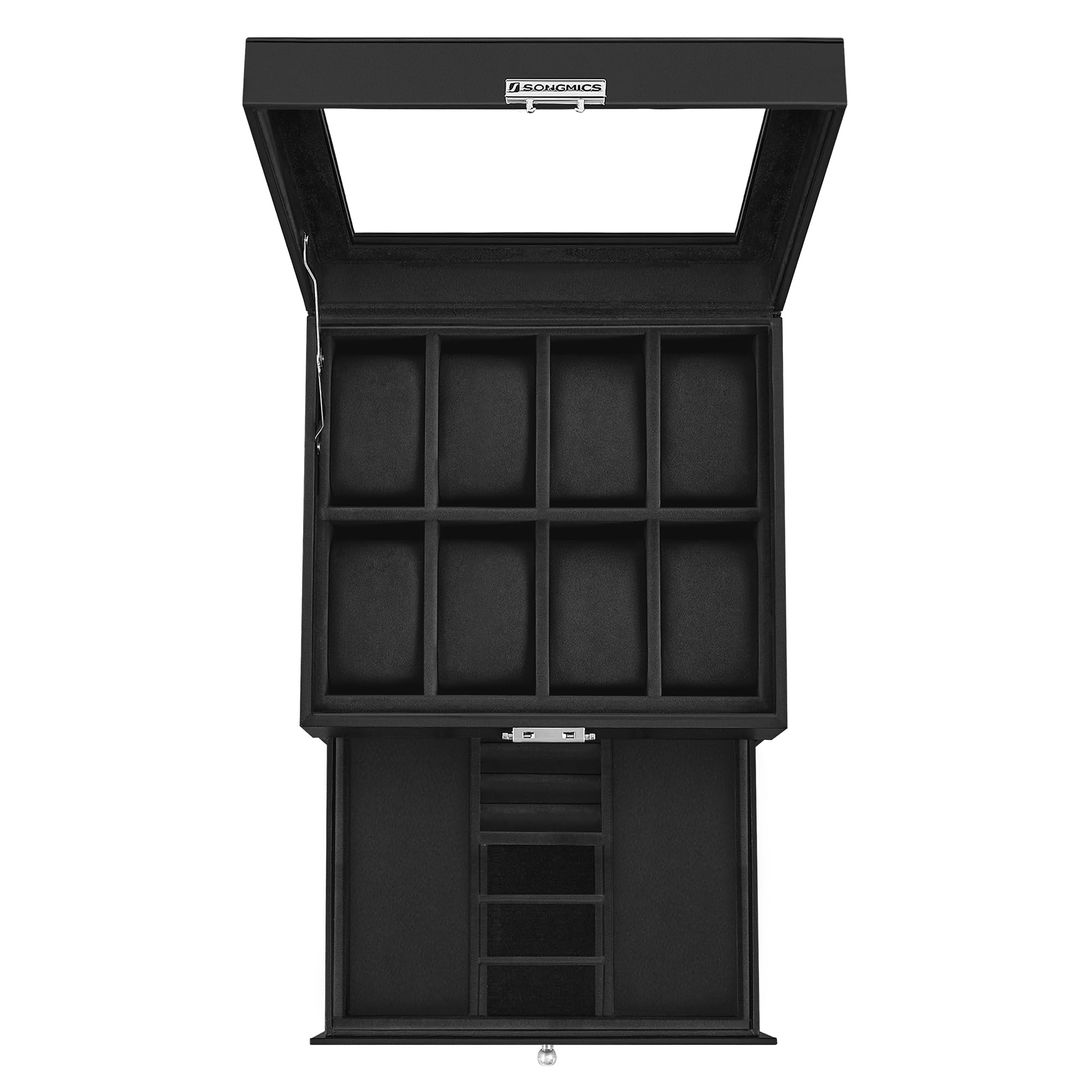 SONGMICS 8-Slot Watch Box, Lockable Watch Case with Glass Lid, 2 Layers, with 1 Drawer for Rings, Bracelets, Gift Idea, Black Synthetic Leather, Black Lining UJWB080B01