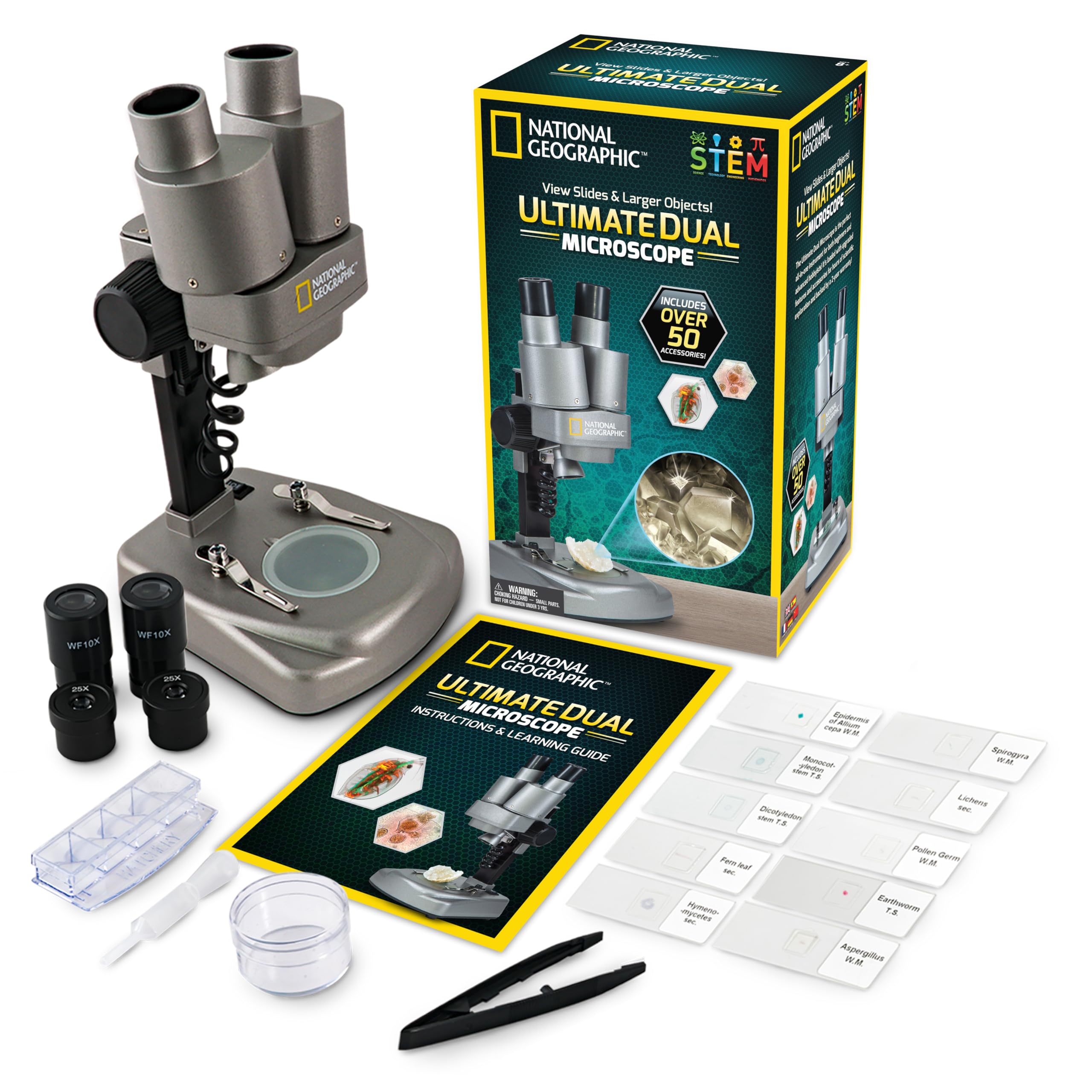 NATIONAL GEOGRAPHIC Dual LED Student Microscope - 50+ pc Science Kit with 10 Prepared Biological & 10 Blank Slides, Lab Shrimp Experiment, Perfect for School Laboratory, Homeschool & Home Education