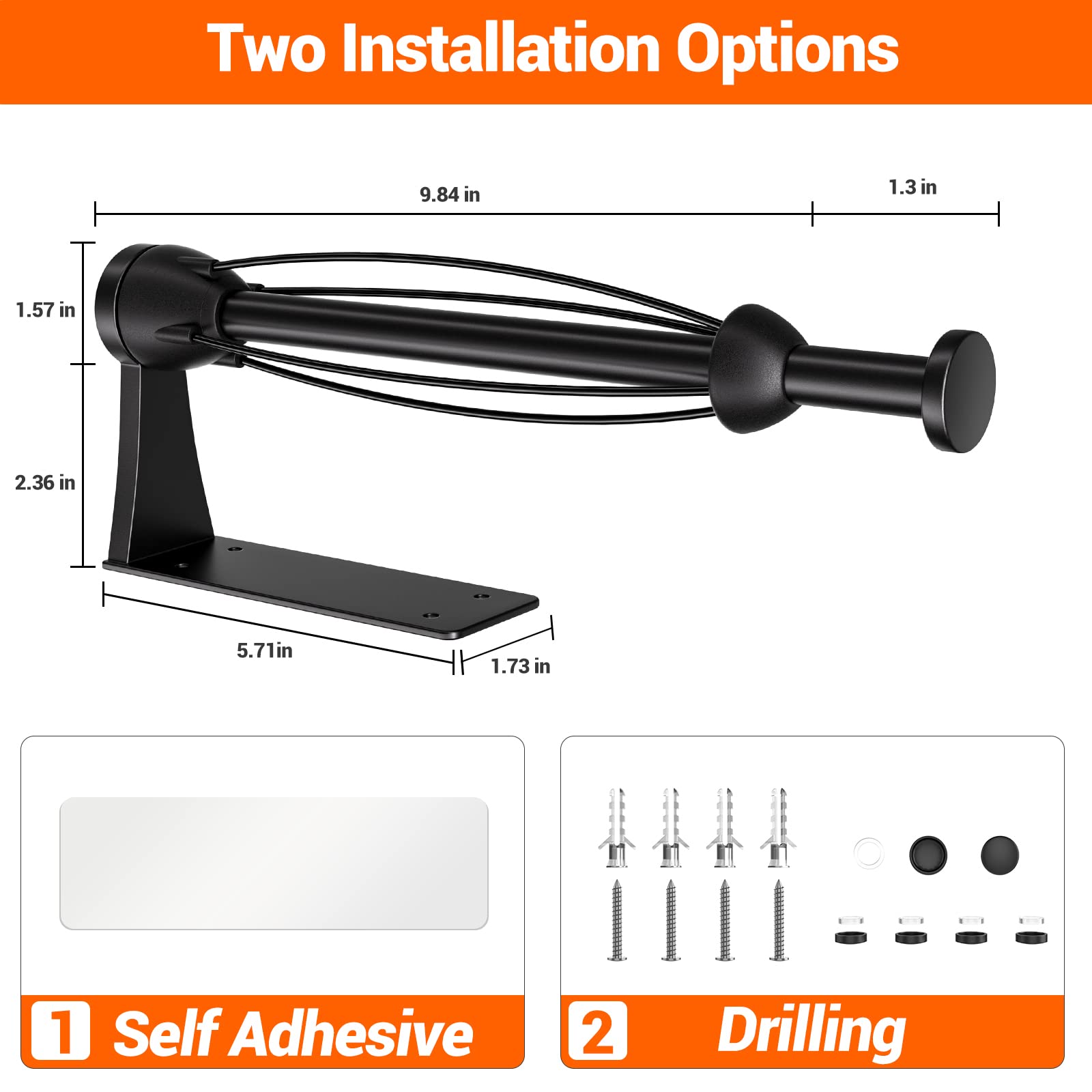 Paper Towel Holder Under Cabinet, Single Hand Operable Wall Mount Paper Towel Holder with Damping Effect, Self-Adhesive or Drilled for Kitchen Bathroom, Black