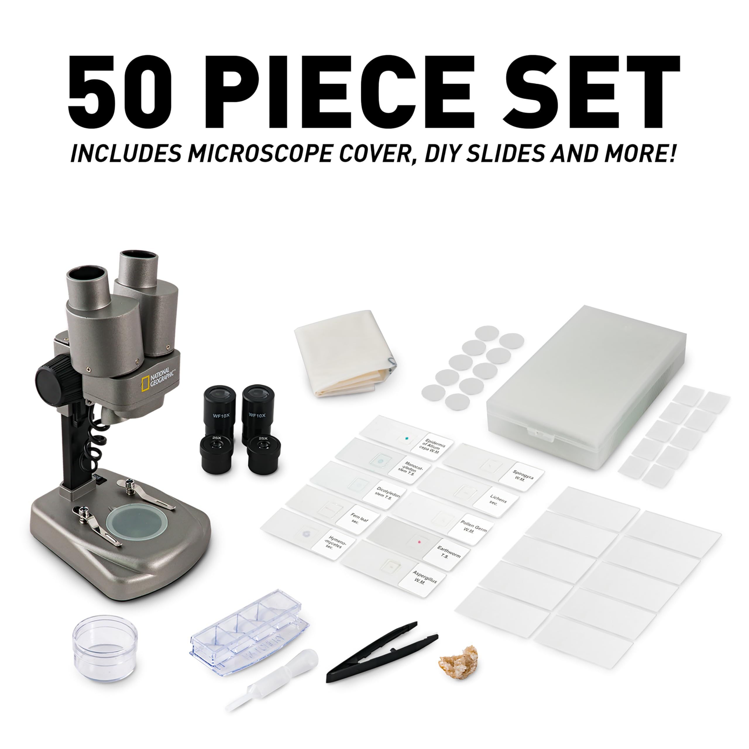 NATIONAL GEOGRAPHIC Dual LED Student Microscope - 50+ pc Science Kit with 10 Prepared Biological & 10 Blank Slides, Lab Shrimp Experiment, Perfect for School Laboratory, Homeschool & Home Education
