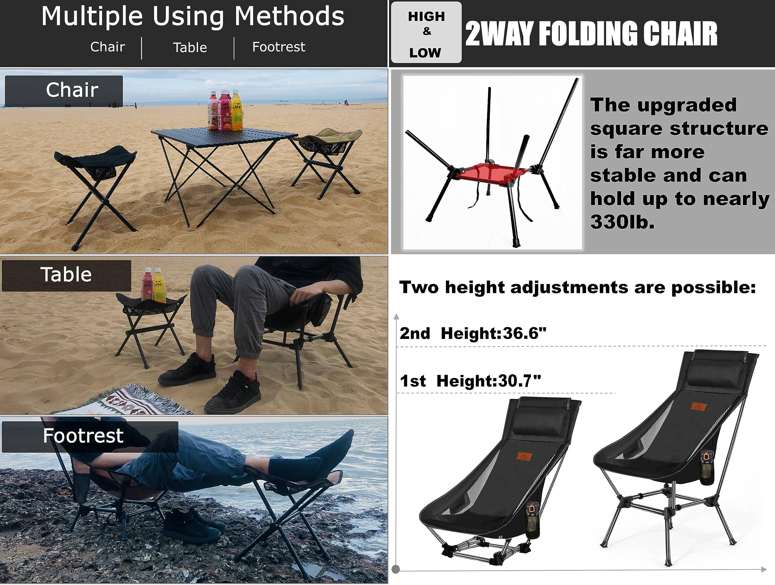 AnYoker Camping Chair, 2 Way Compact Backpacking Chair, Portable Folding Chair, Beach Chair with Side Pocket, headrest and Foot Rest, Lightweight Hiking Chair 01666 (Blue)