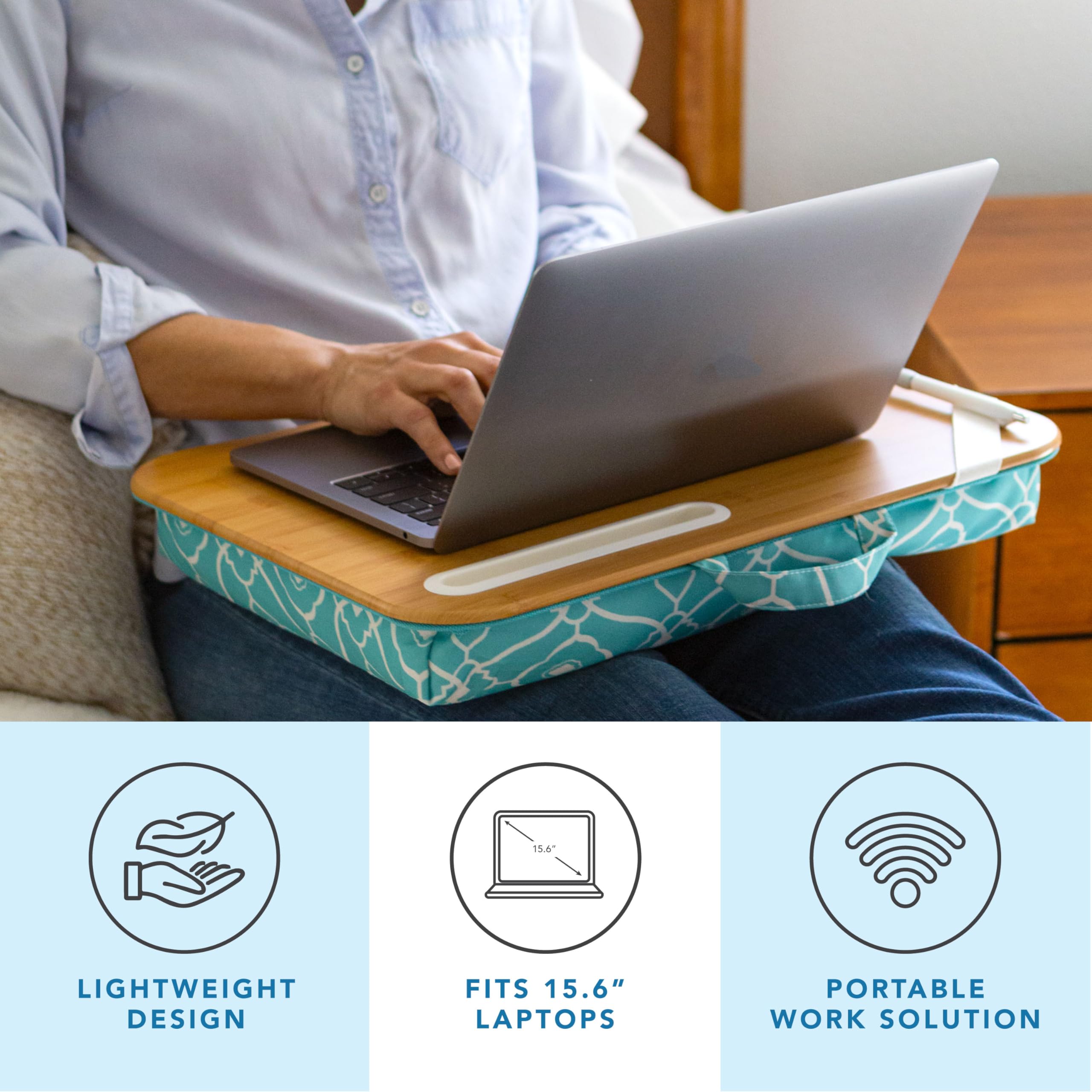 LapGear Designer Lap Desk with Phone Holder and Device Ledge - Aqua Trellis - Fits up to 15.6 inch Laptops - Style No. 45422
