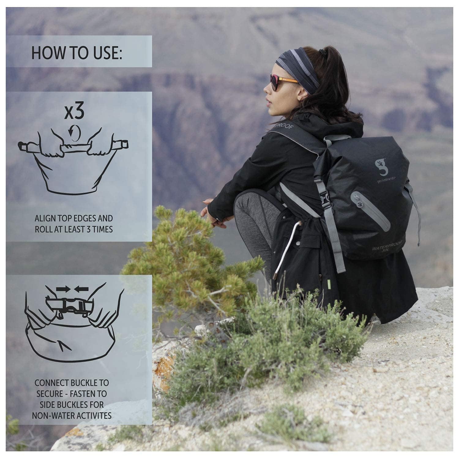 geckobrands Lightweight 30L Waterproof Backpack, Black/Grey - Watertight Backpack for Hiking and Light Water Activities