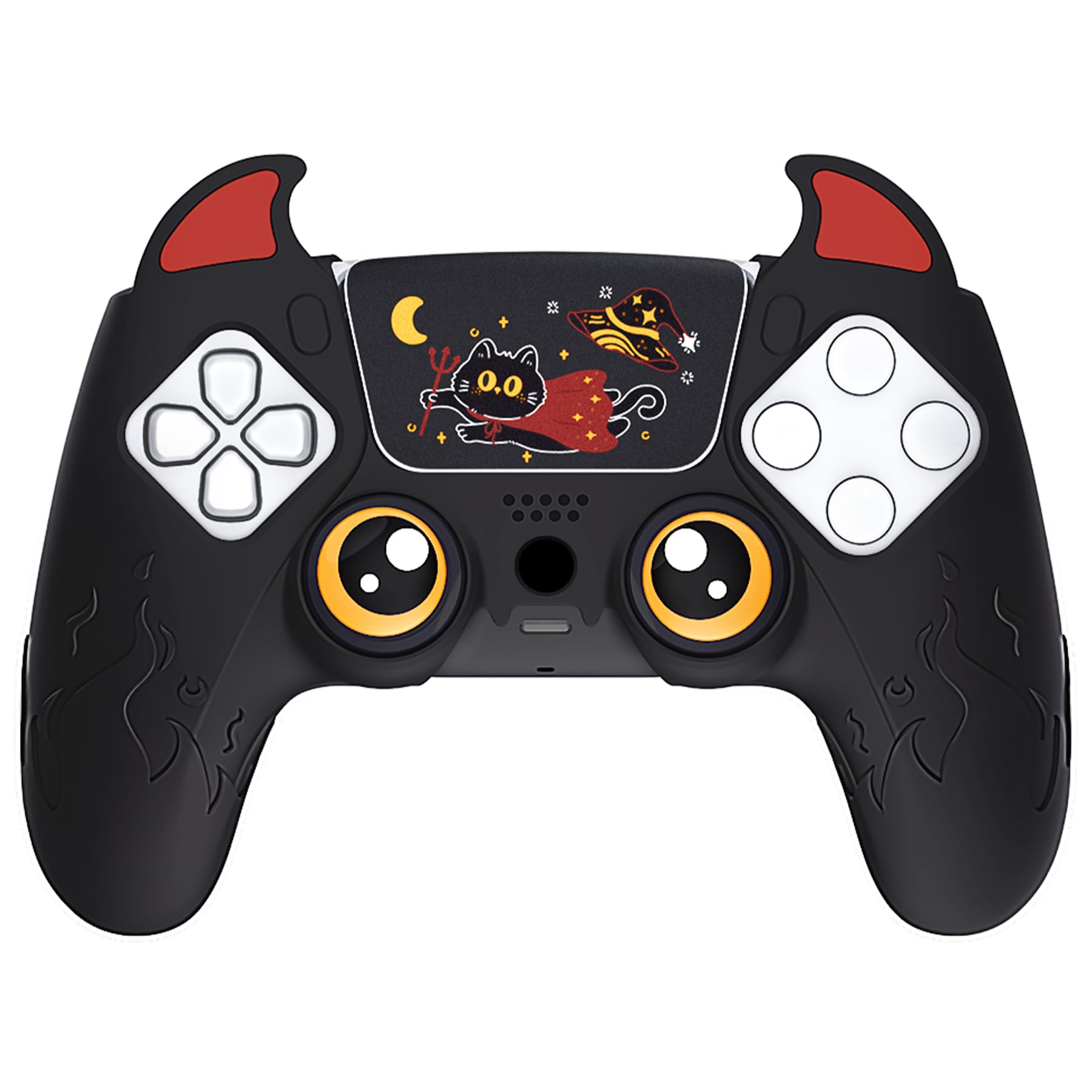 PlayVital Halloween Cute Demon Controller Silicone Case for ps5, Kawaii Controller Cover Gamepad Skin Protector for ps5 with Touch Pad Sticker & Thumb Grip Caps - Black