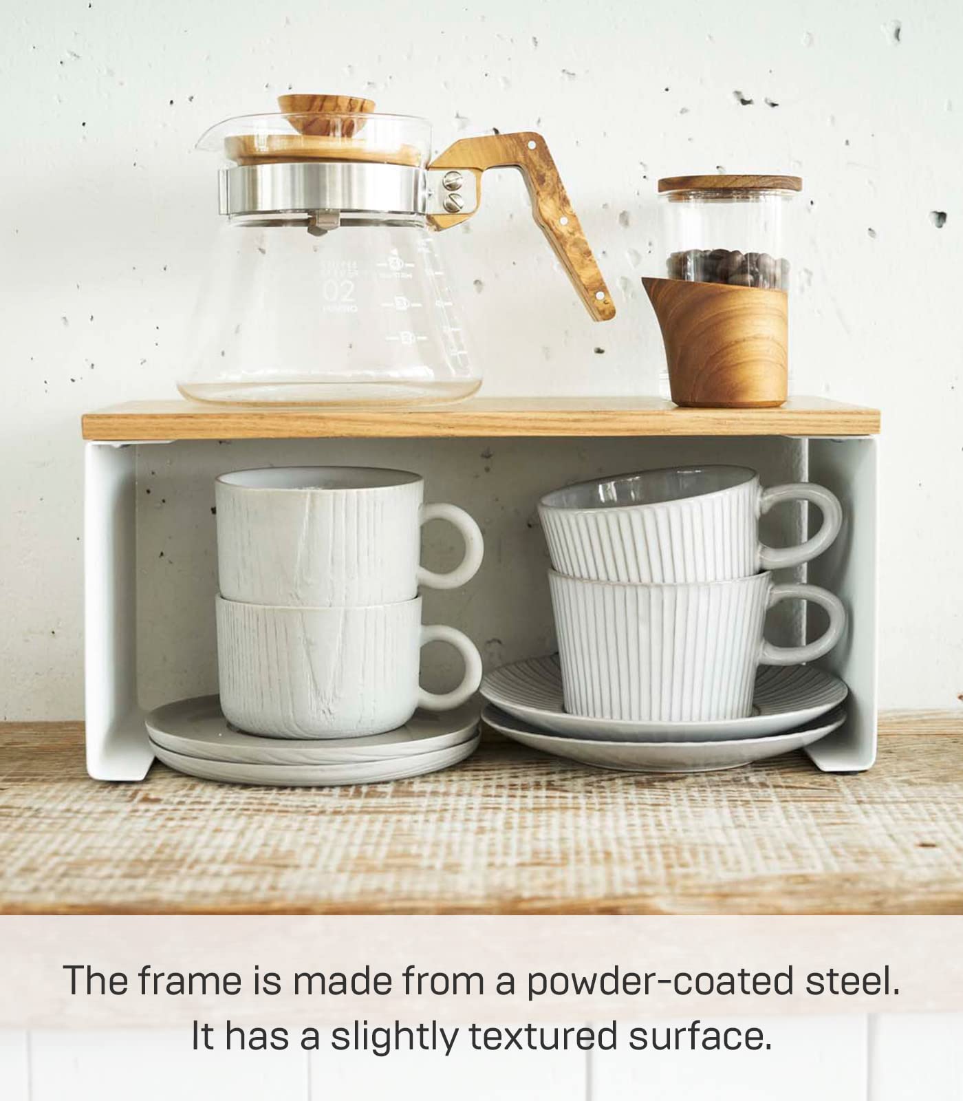 Yamazaki Home Wood-Top Stackable Kitchen Rack-Modern Counter Shelf Organizer, White