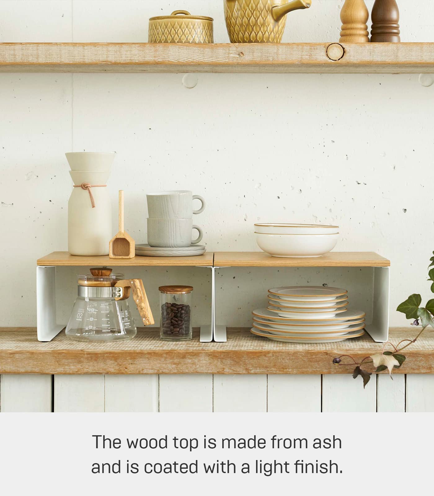 Yamazaki Home Wood-Top Stackable Kitchen Rack-Modern Counter Shelf Organizer, White