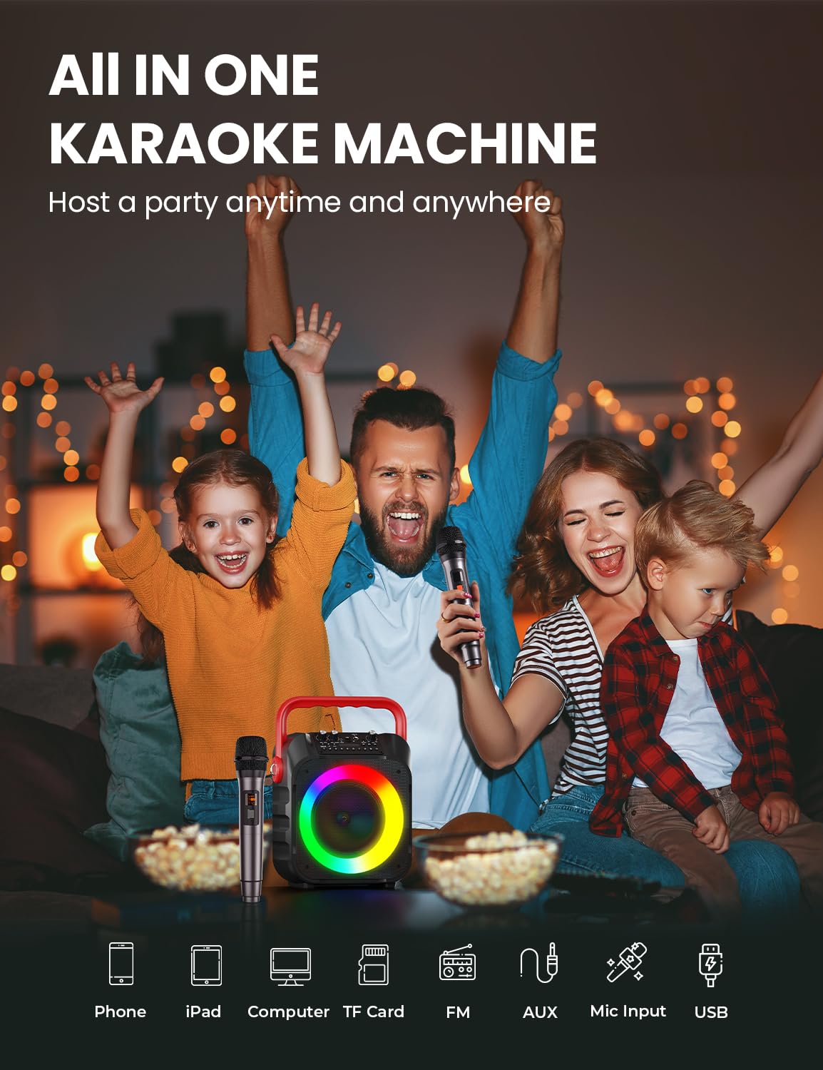 Karaoke Machine with Two Wireless Microphones, Portable Karaoke Machine for Adults & Kids, Portable Bluetooth Speaker with PA System, LED Lights, Supports TF Card/USB, AUX in, FM, USB,TWS (Red)…